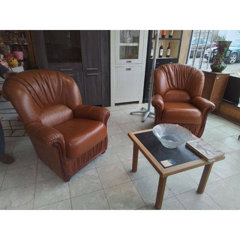 SALON CLASSIQUE CUIR BRUN & BOISERIE 3+1+1